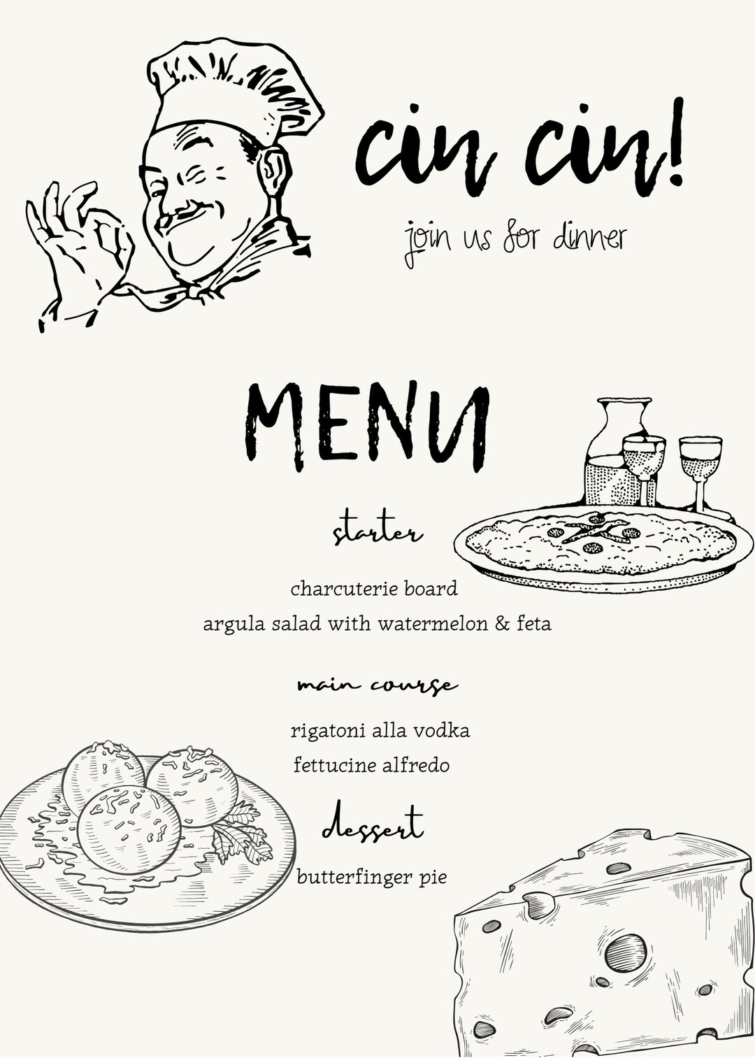 Italian Menu, Wedding, Engagement, Dinner Party, Cin Cin, Customizable ...