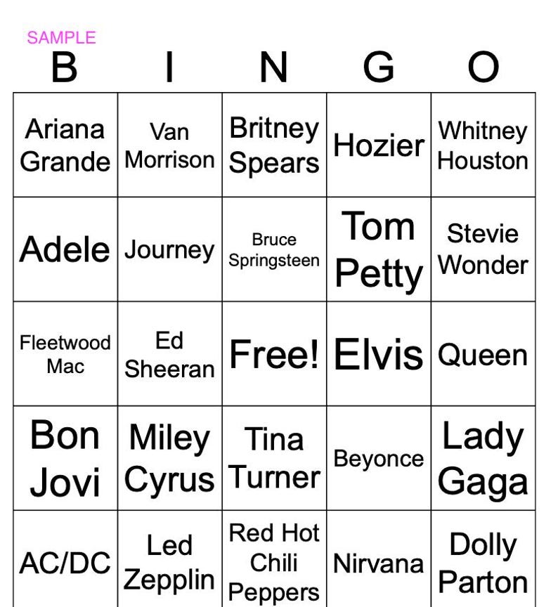 Music Bingo Cards Featuring 50 Popular Artists digital Download - Etsy