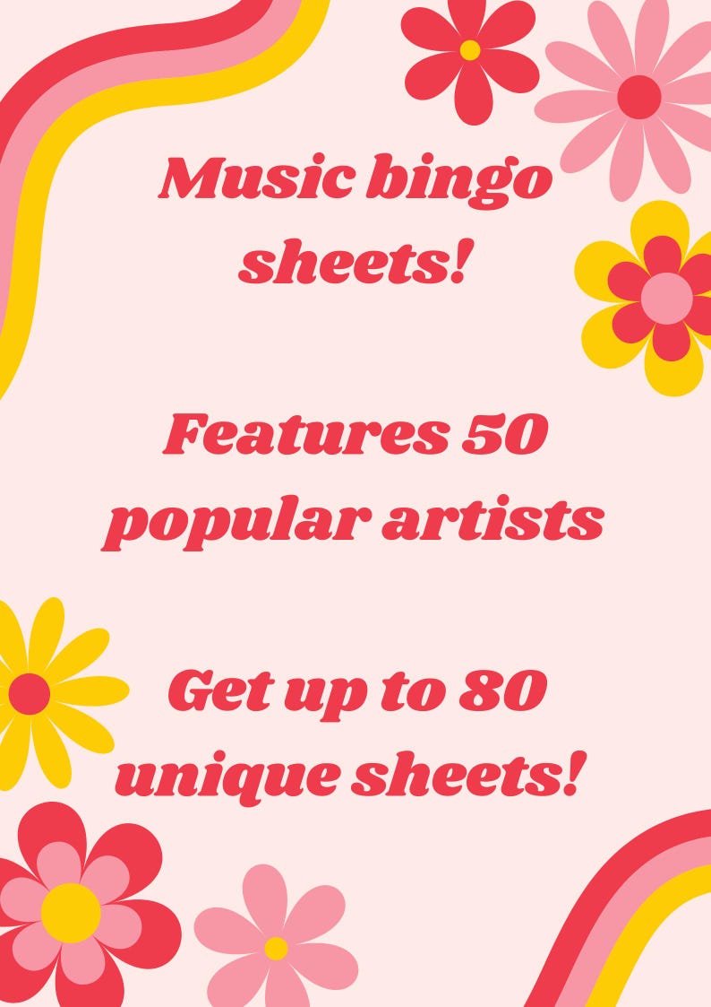 Music Bingo Cards Featuring 50 Popular Artists digital Download - Etsy