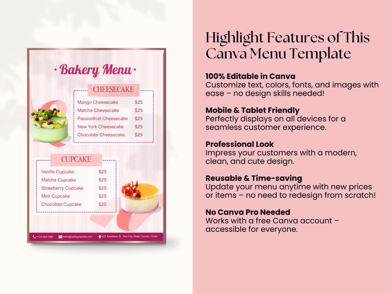 Editable Pink Bakery Menu Template: Cake & Dessert Shop (canva) - Etsy