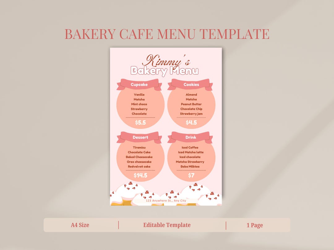 Pink Bakery Menu Template, Digital Menu Template Small Business, Cute ...