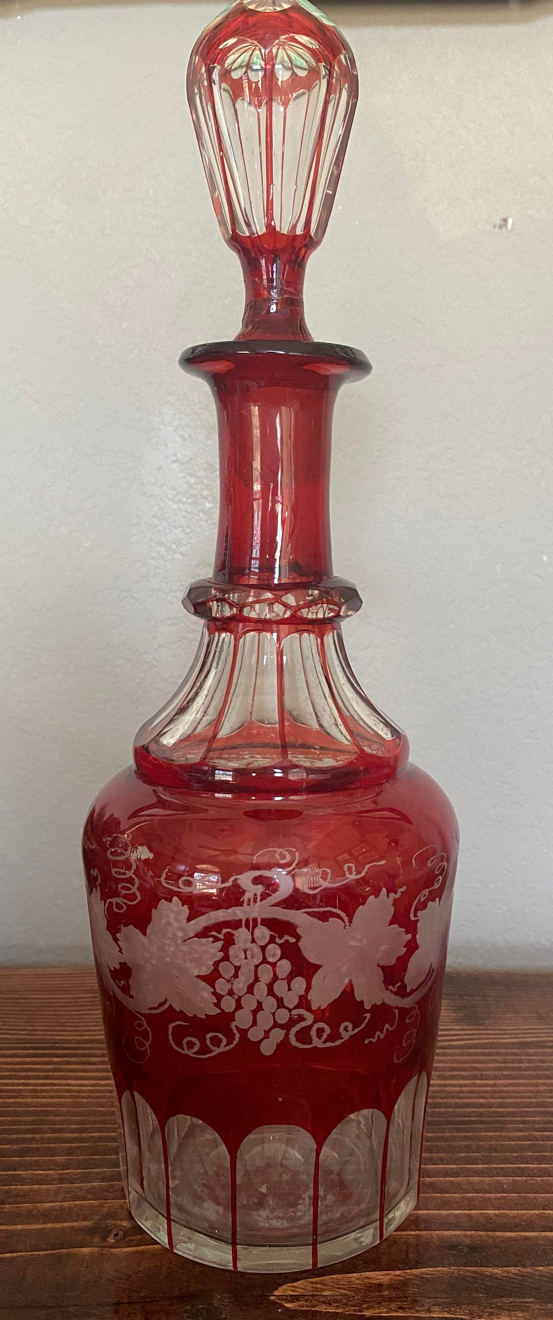 Antique Bohemian Decanter Ruby Red Etched to Clear W/stopper Grape Vine ...