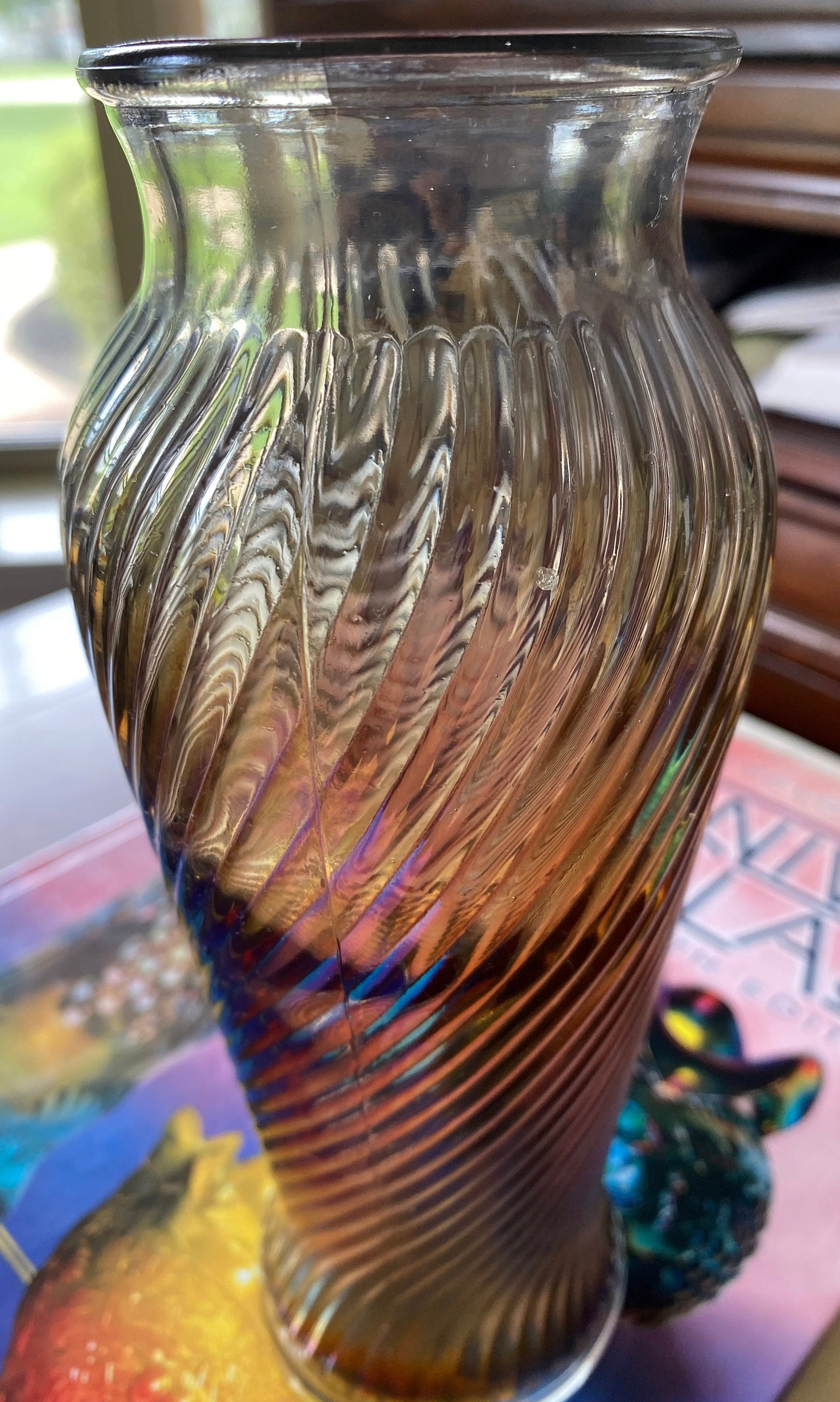 Antique Imperial Glass Vase Carnival Iridescent Smoke Urn Shaped Swirl ...