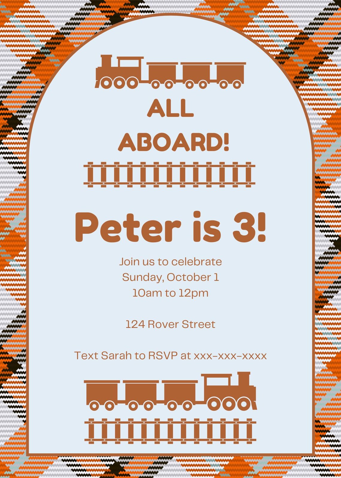 All Aboard Train Birthday Party Invite Template in Orange Plaid - Etsy