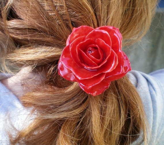 Items similar to REAL Ruby Red Rose Pin, Hair Piece, Pony Tail Holder ...