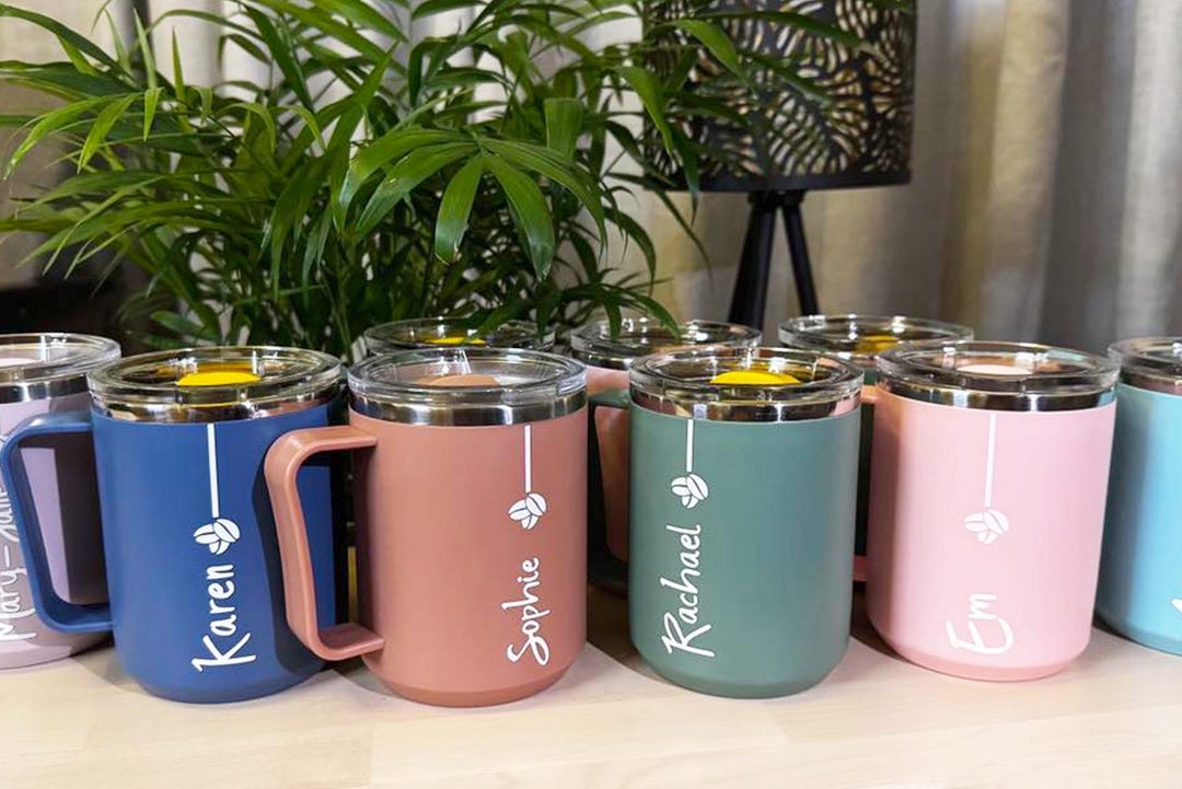 Personalised Travel Mug With Handle and Lid Gift Custom Name, Stainless ...
