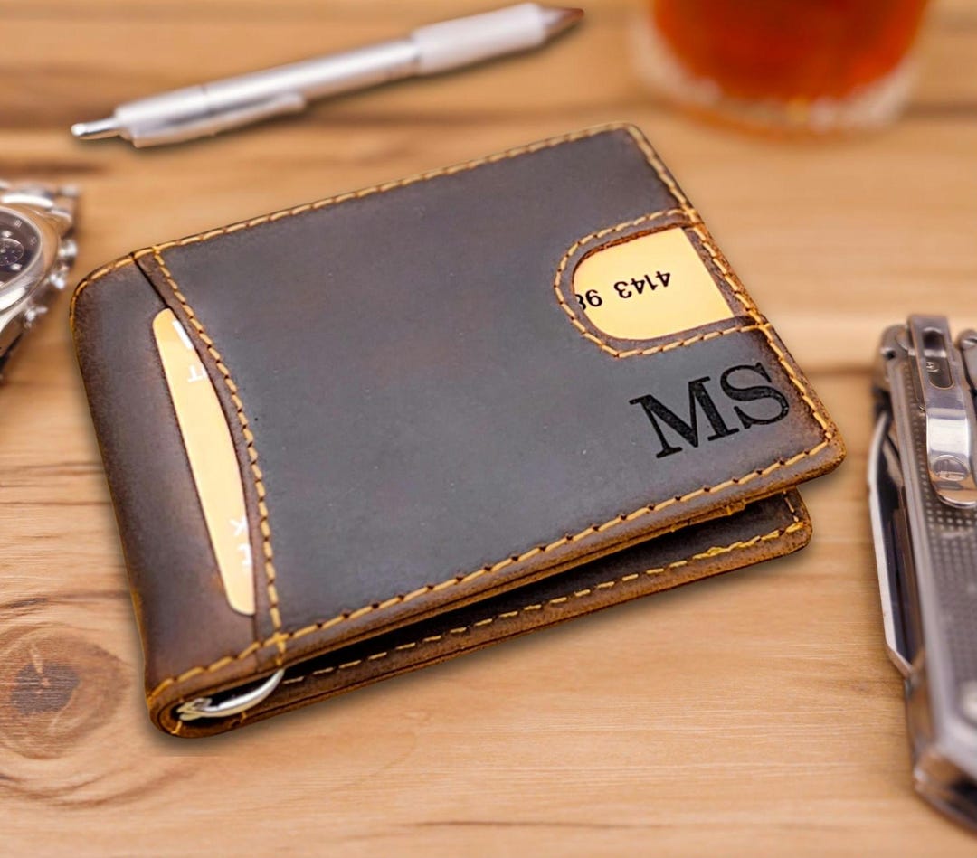 Personalized Money Clip Wallet Anniversary Gift for Him Leather Bifold ...