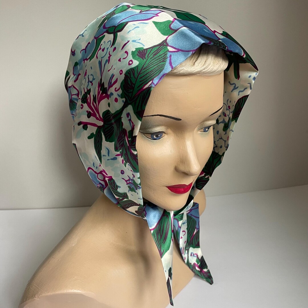 Chic Vintage 1960s Silky French Blue Floral Head Scarf Hat - Etsy