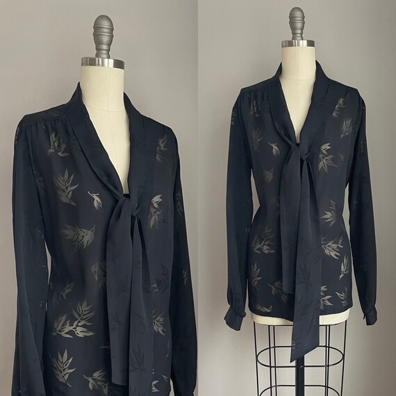 Vintage 1970’s Jet Black Semi Sheer Leaves Tie Scarf … - Gem