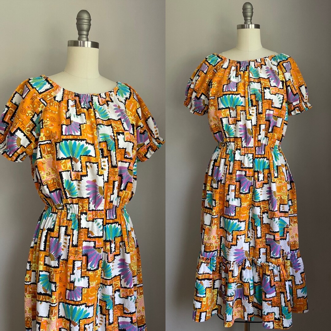 Vintage 1950s Atomic and Feather Print Barkcloth Dress Medium - Etsy