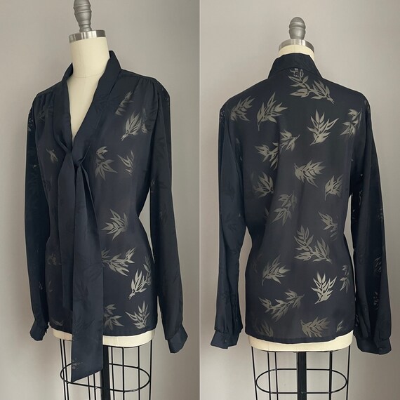 Vintage 1970’s Jet Black Semi Sheer Leaves Tie Scarf … - Gem