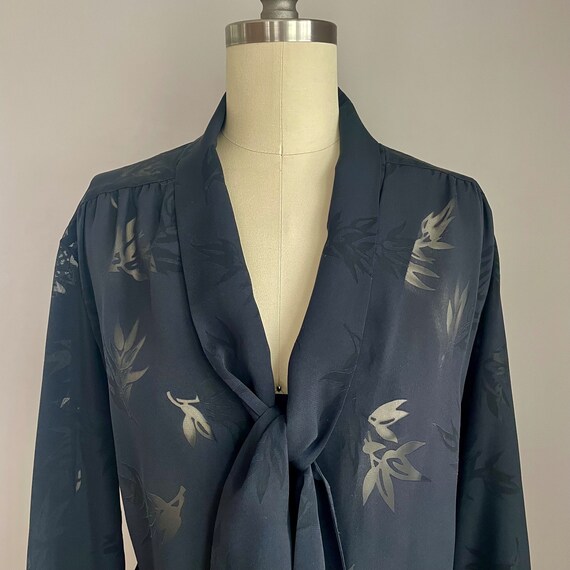 Vintage 1970’s Jet Black Semi Sheer Leaves Tie Scarf … - Gem