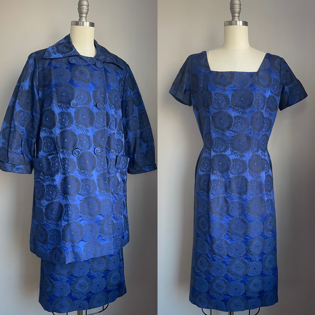 Vintage 1960s Sapphire Blue Brocade Dress and Swing Coat Set Small - Etsy