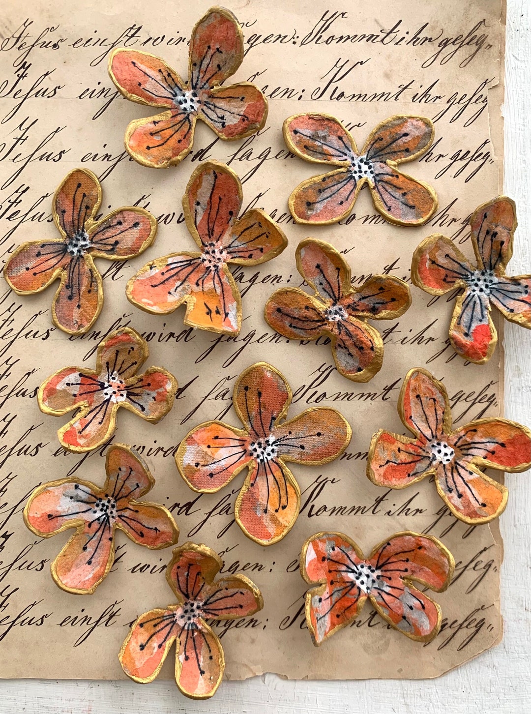 Paper Mache Flowers, Watercolor Painted Tangerine & Gold, Handmade - Etsy