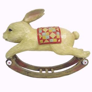 1990s Vintage Large Rocking Bunny Rabbit Resin Wood Carved Look Pink ...