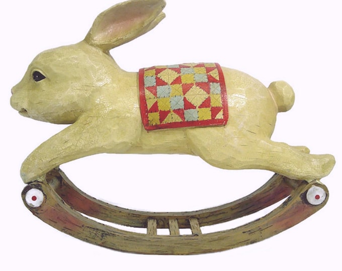 1990s Vintage Large Rocking Bunny Rabbit Resin Wood Carved Look Pink ...