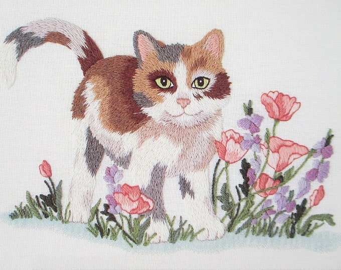 1990 Vintage Crewel Kit Calico Cat Kitten in Flowers Dimensions Opened ...