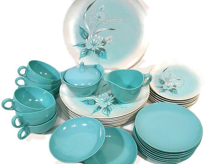 1966 Vintage Oneida Melmac Melamine Aqua & White Blue Hawaii 34 Pc ...