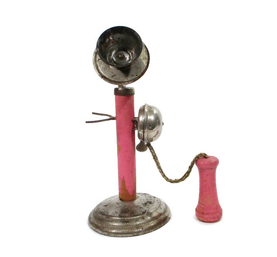 1920s Vintage PINK Toy Candlestick Telephone Original Cord Bell Works ...