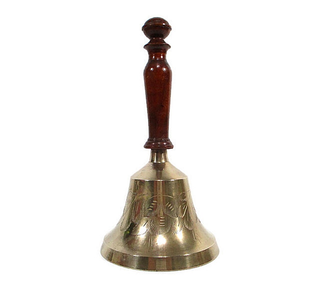 Vintage Large 9" Brass Handheld School Service Bell Turned Wooden ...