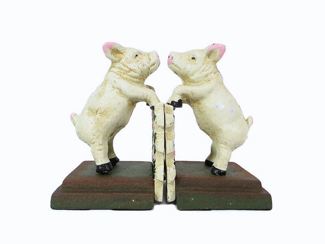 Vintage Cast Iron PIGS Bookends Pair Piglets Cream Pink Fence Roses ...