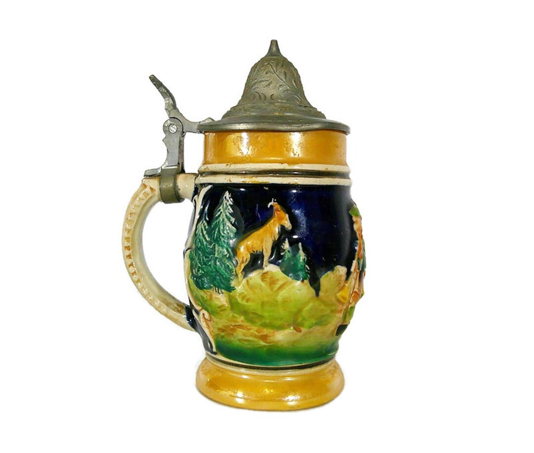 Vintage Mini German Beer Stein Hand Painted Mountain Goat Musicians ...