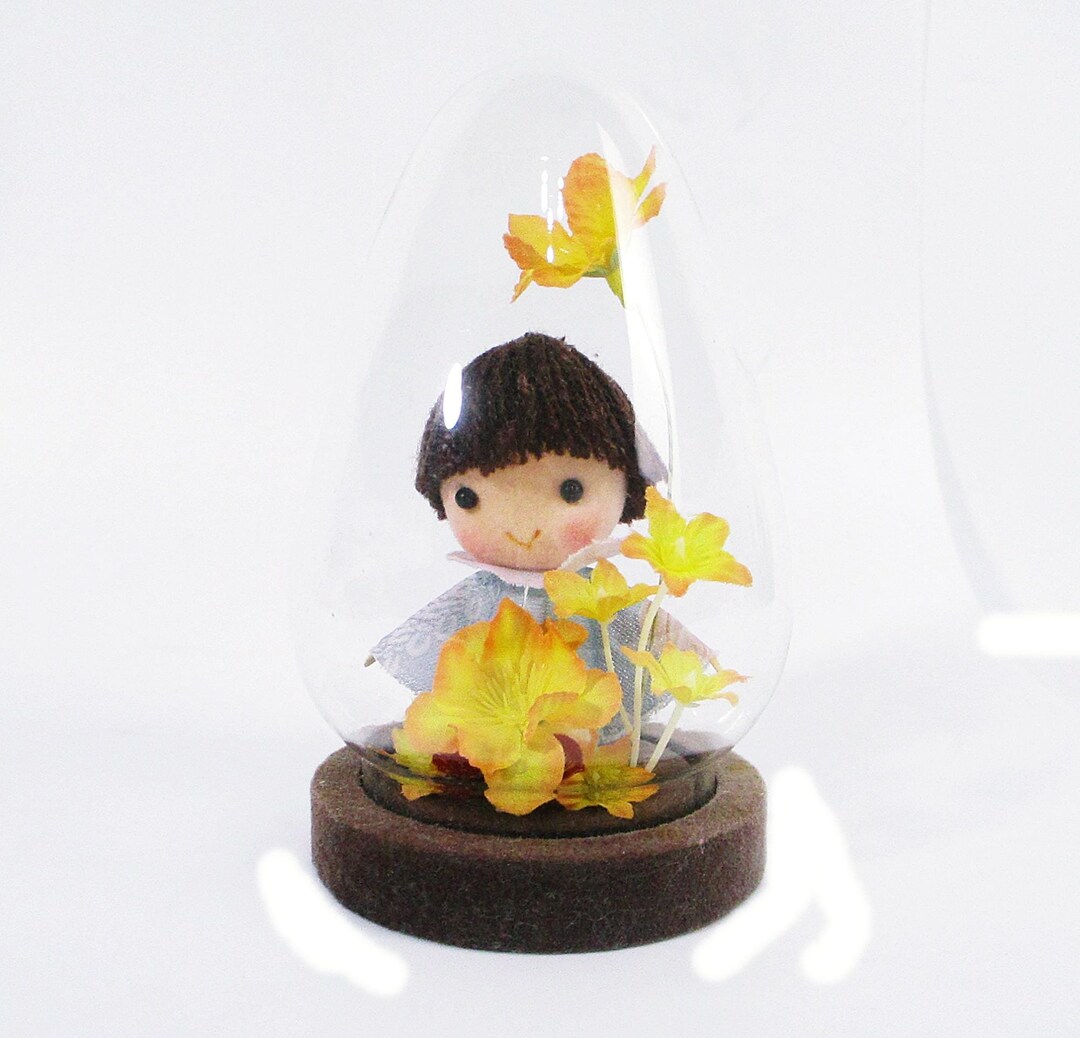 Vintage Mini Cloth Doll Under Glass Dome Cloche Kimono Yellow Silk ...