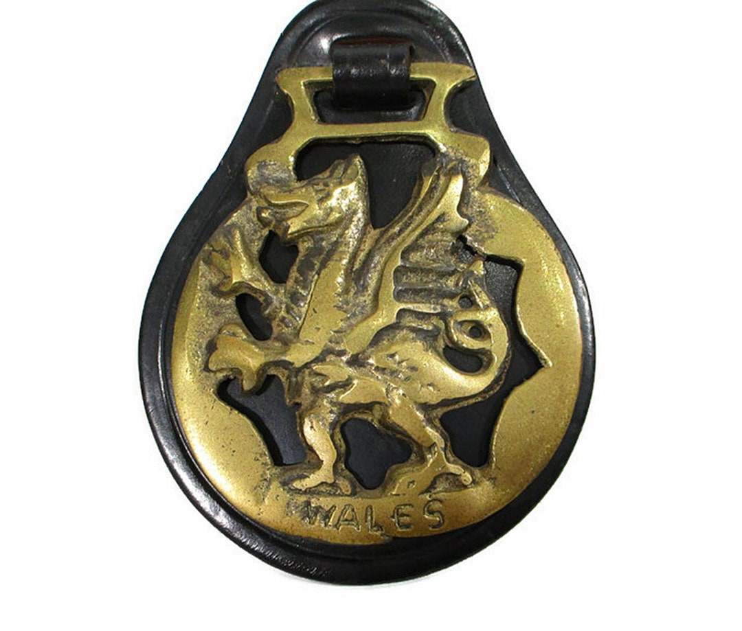 Vintage DRAGON Horse Brass Medallion Black Leather Strap WALES Buckle ...