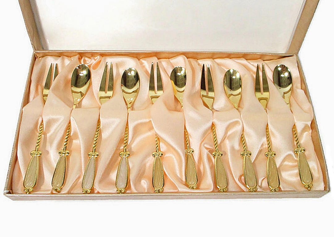 Vintage Cocktail Forks & Spoons Boxed Set Gold Tone Stainless Steel ...