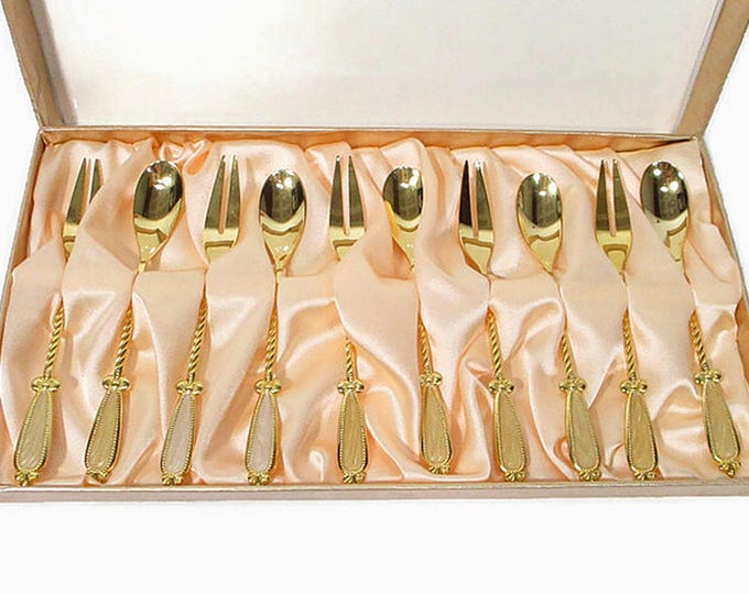 Vintage Cocktail Forks & Spoons Boxed Set Gold Tone Stainless Steel ...