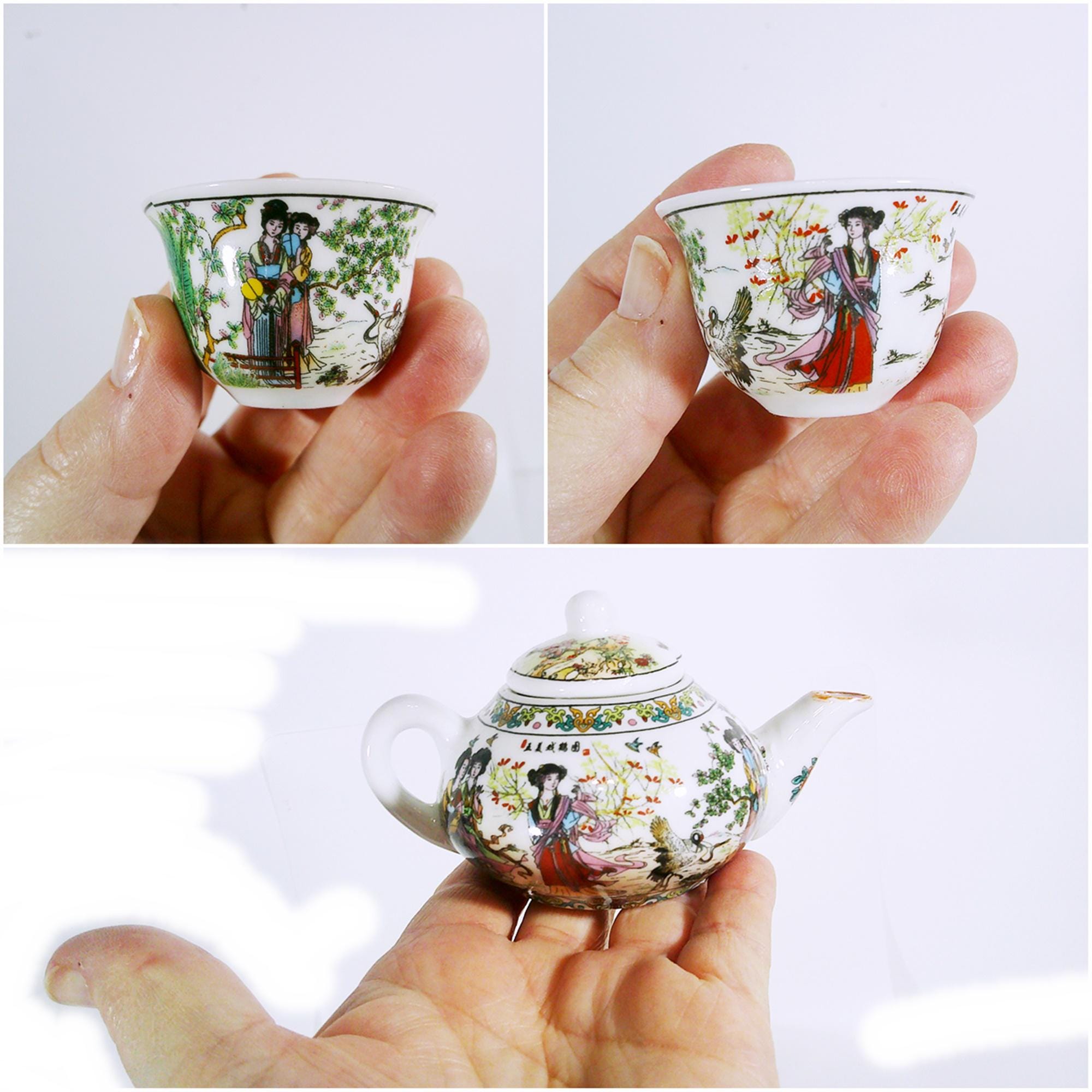 Vintage Chinese Miniature 9 Piece Tea Set Hand Painted Ceramic Teapot ...