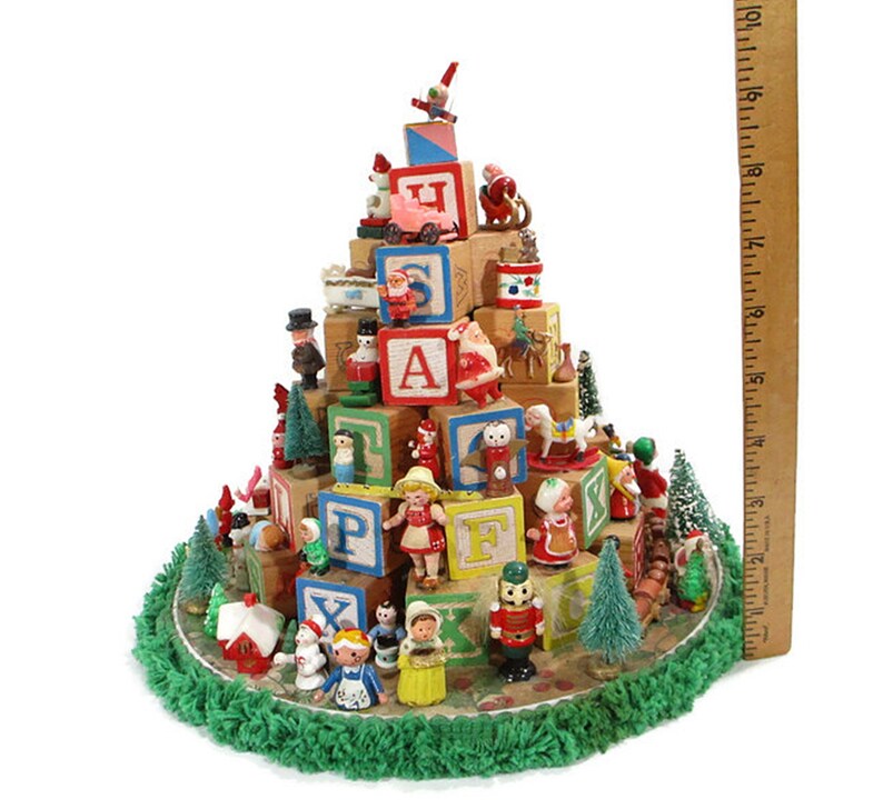 Vintage Wooden Christmas Ornaments Toy Block Stack Holiday Display Hand ...
