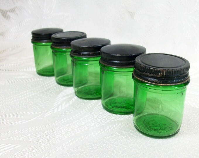 Vintage Glass Jars Bottles Emerald Green Black Metal Lids Peachychicboutique On Etsy Etsy