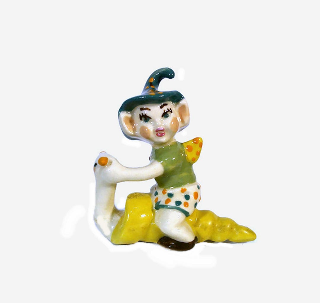 Vintage Elf Sprite Brownie Riding A Snail Pointed Hat Ears Polka Dot ...