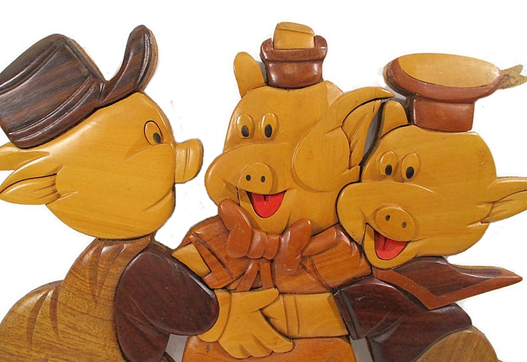 1960's Vintage THREE LITTLE PIGS Disney? Intarsia Mosaic Inlaid Wooden ...