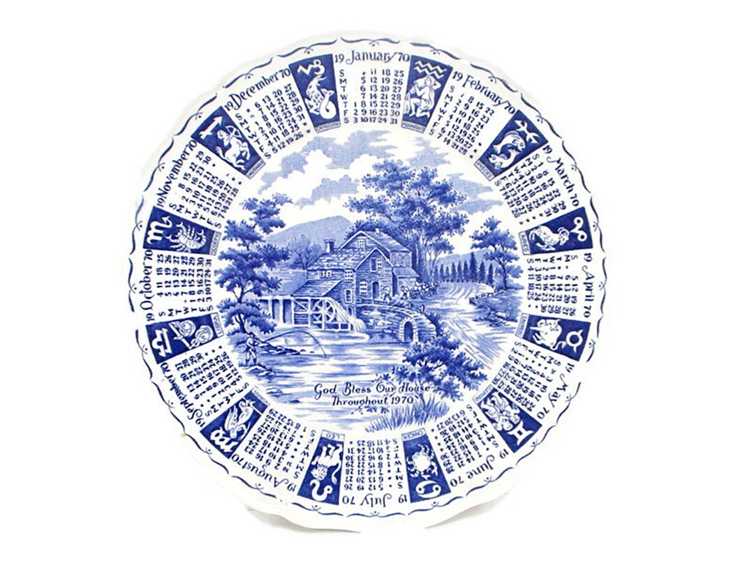1970 Vintage Blue White Zodiac Signs Calendar Decorative Plate Alfred ...