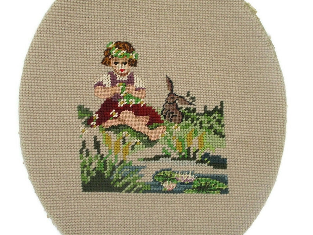 Vintage Needlepoint Worked Canvas Picture Unframed Little Girl Brown ...