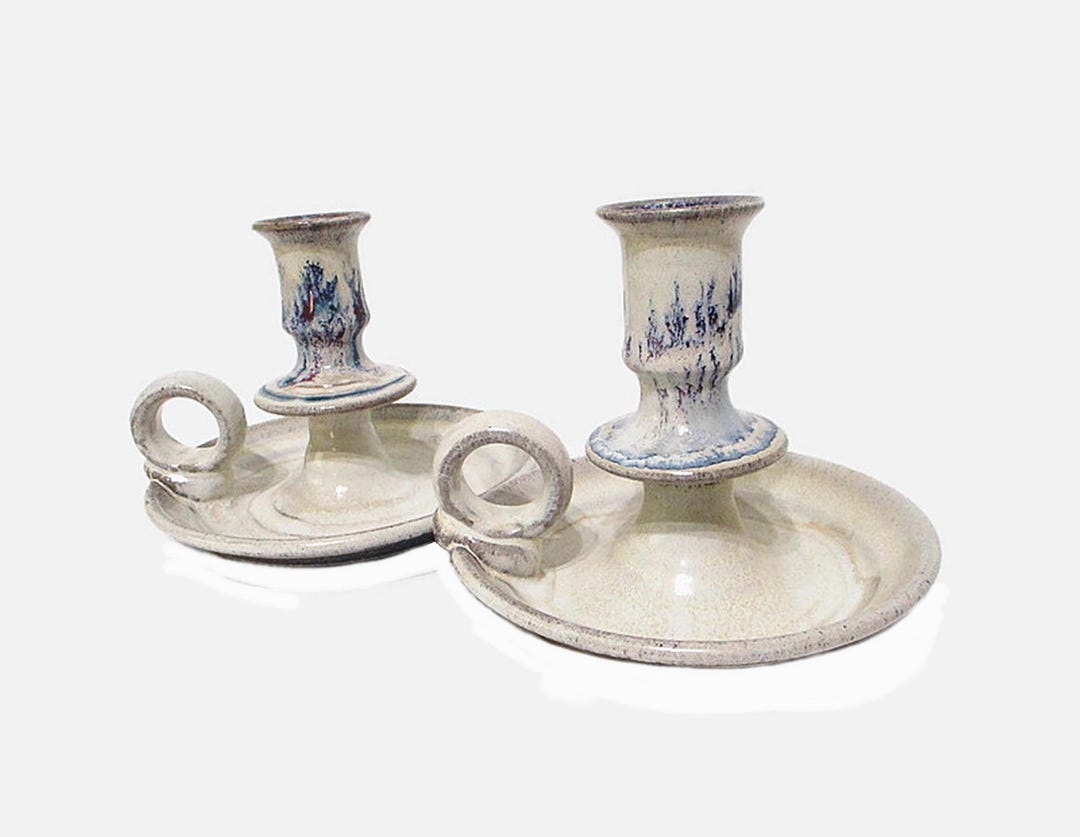 Vintage Parrot Ranch Art Pottery Chamberstick Candle Holders Drip Glaze ...