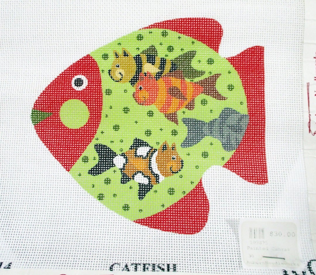CATFISH Fish Mini Cross Stitch Canvas Painted Cats as Fish Cat Lover ...