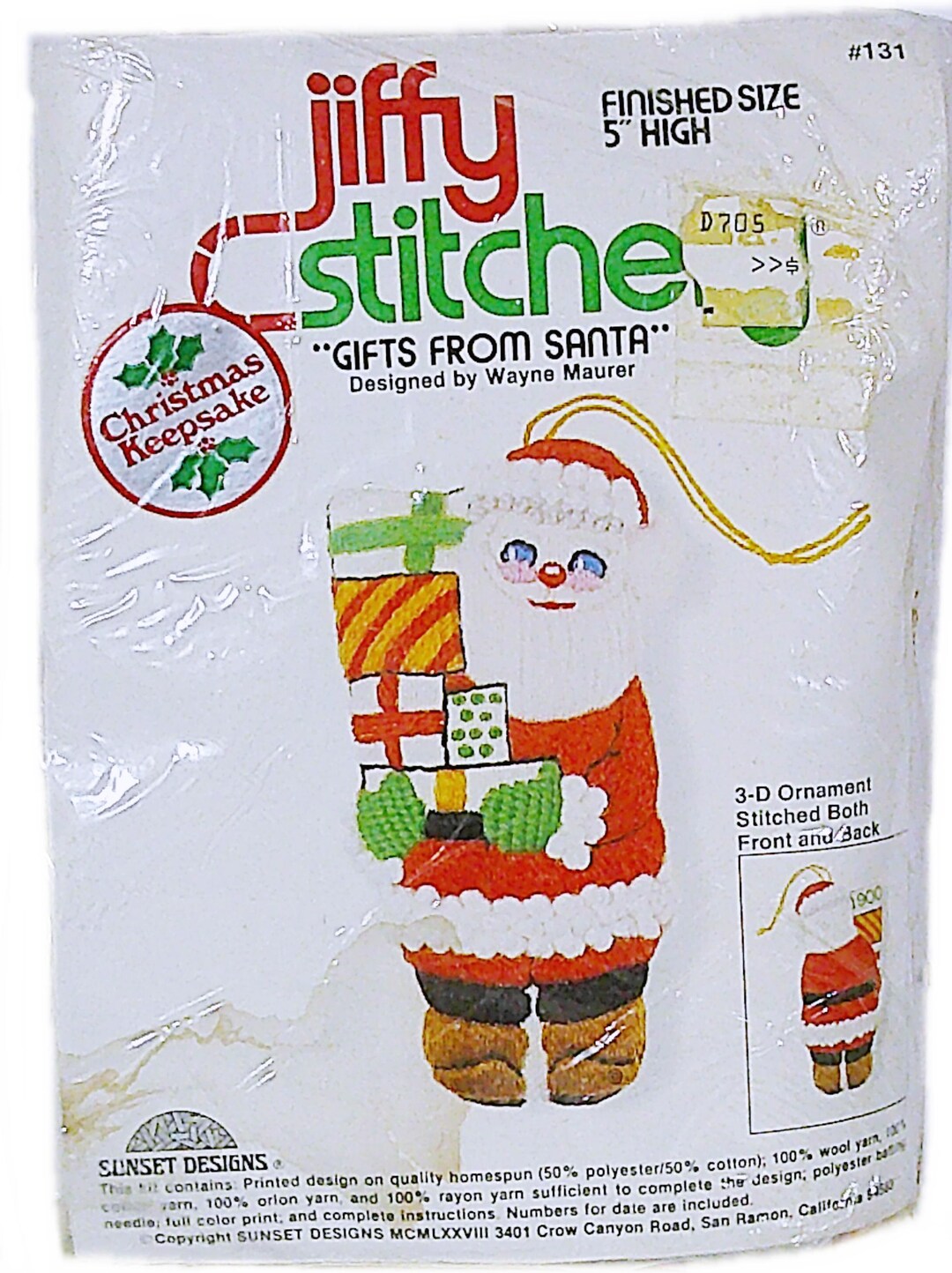 1978 Jiffy Stitchery Gifts From SANTA 3-D Ornament Kit NIP 2-sided ...