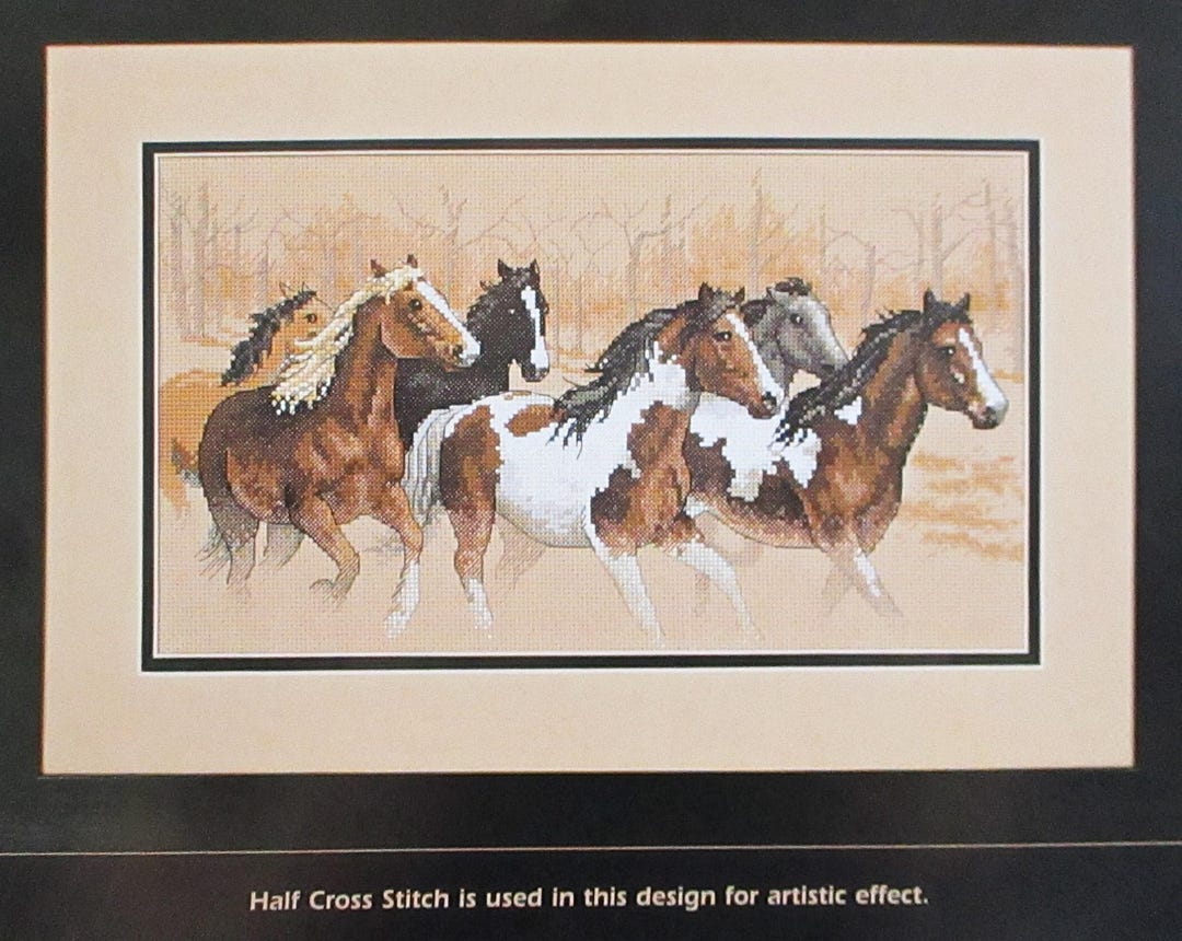 Vintage Counted Cross Stitch Dimensions Kit WILD RUSH Horses Mustangs ...