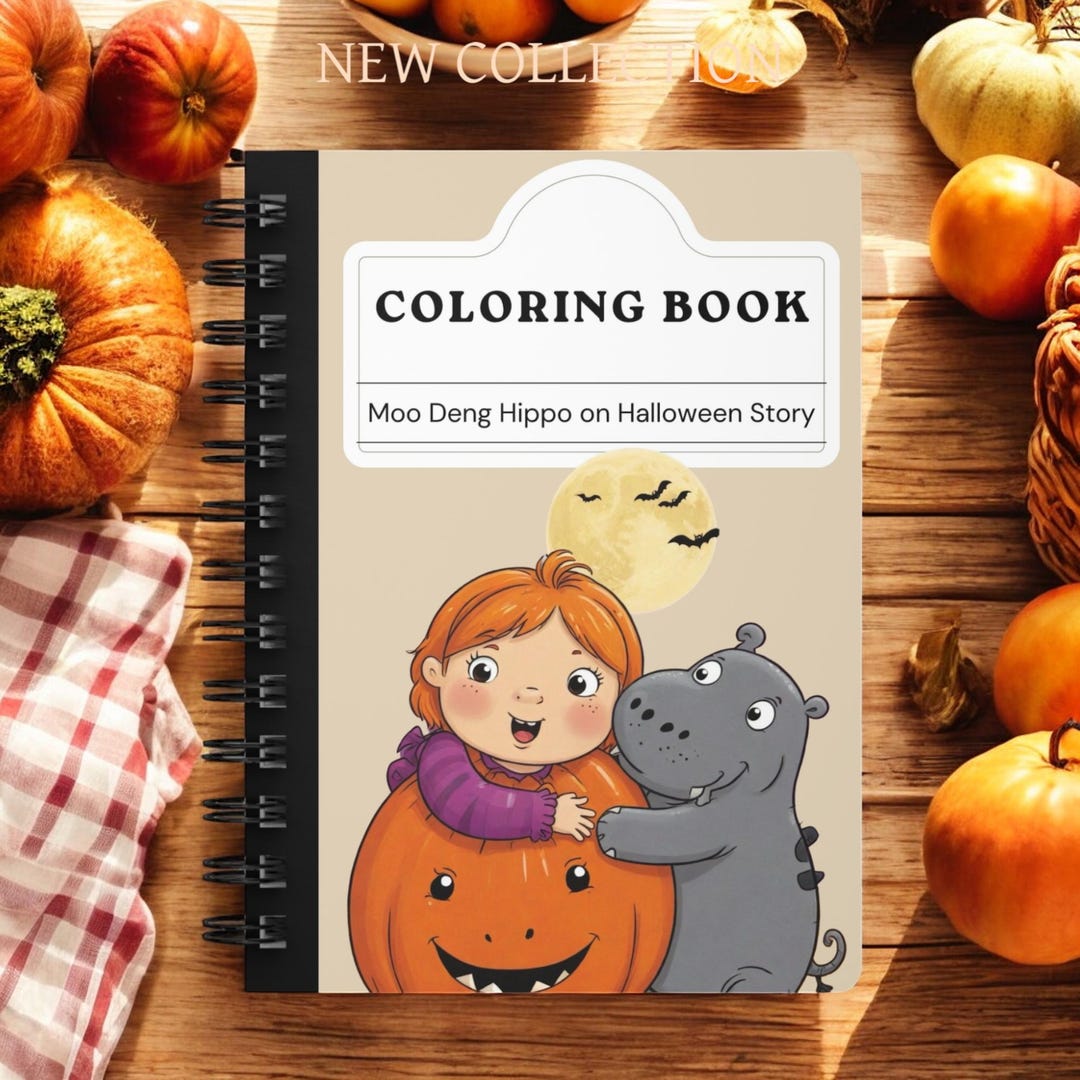 Coloring Book of 20 Pages Drawing Moo Deng Hippo on Halloween Story ...
