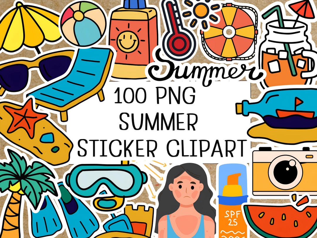 Summer 100 Stickers Clipart, Watercolor Stickers,summer Season,cute ...