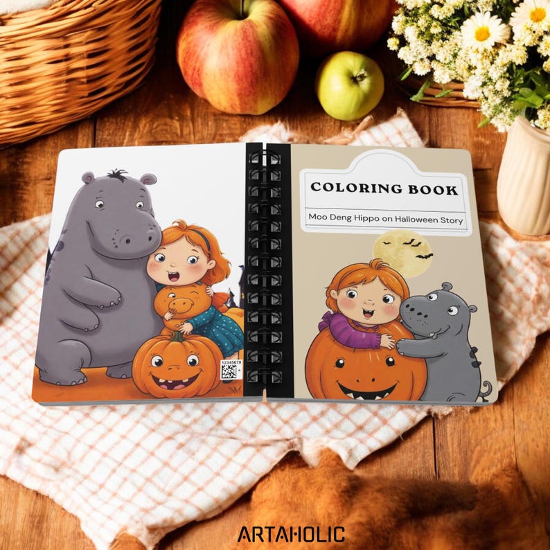 Coloring Book of 20 Pages Drawing Moo Deng Hippo on Halloween Story ...