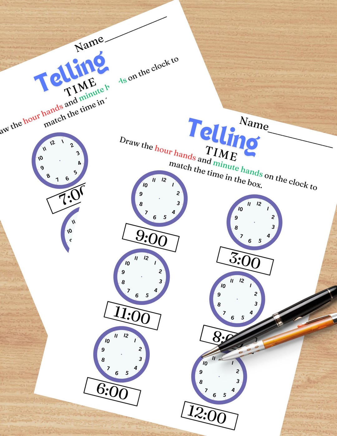 Telling Time Worksheets for Kids – (9 Pages) Draw Clock Hands to Match ...