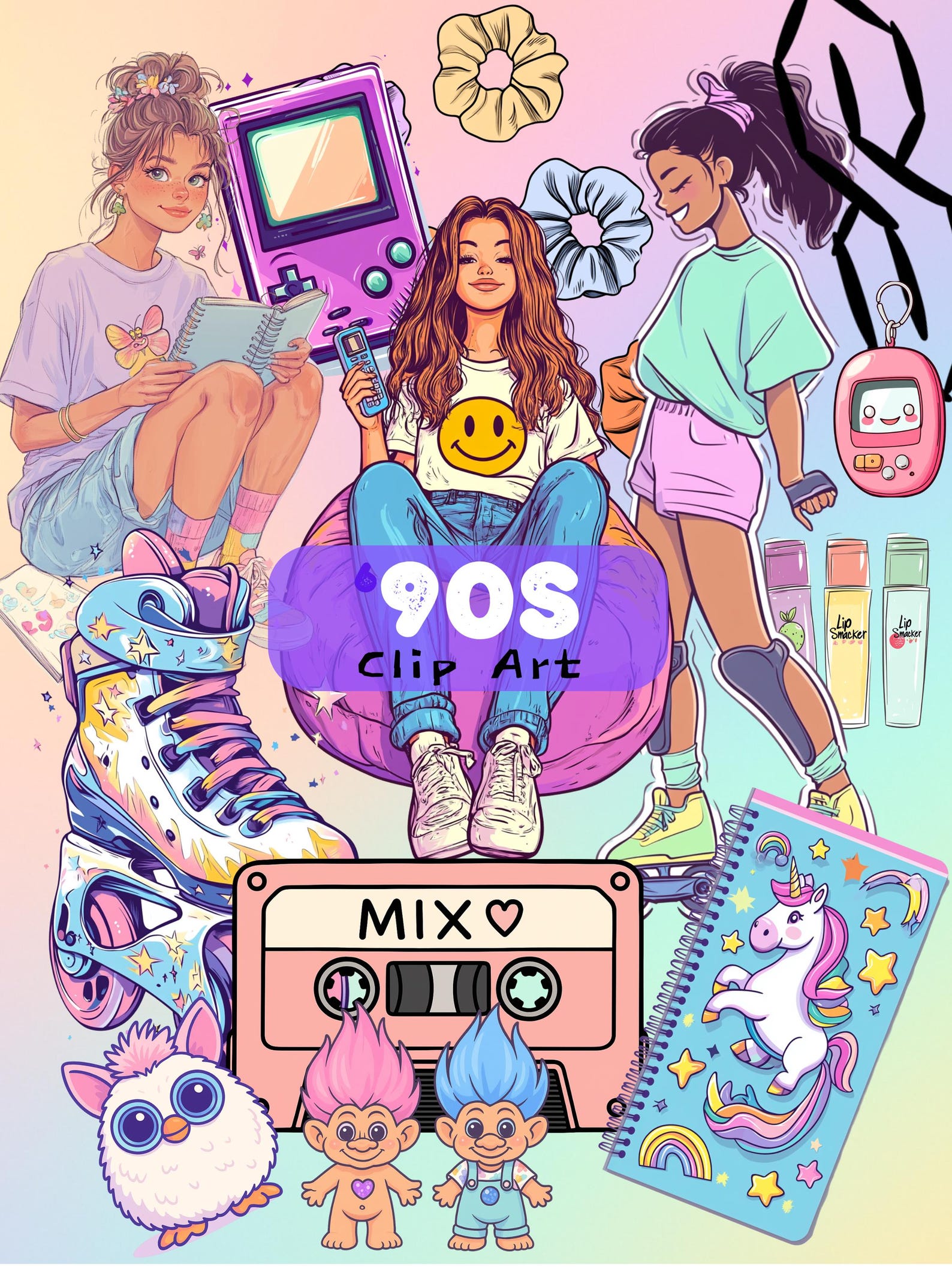 90s Clipart Bundle | Pastel Nostalgia Stickers | Cute Girls ...