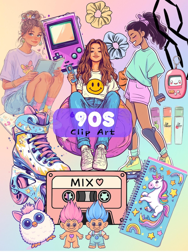 90s Clipart Bundle | Pastel Nostalgia Stickers | Cute Girls ...