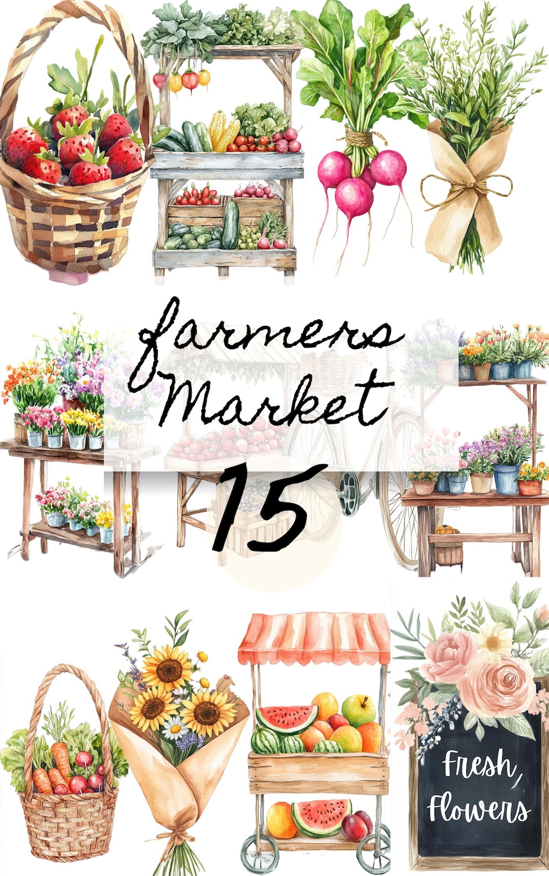 Watercolor Farmers Market Clipart Bundle | 15 Rustic Market Stalls ...