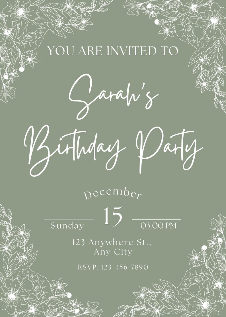 Sage Green Floral Birthday Invitation Template - Etsy