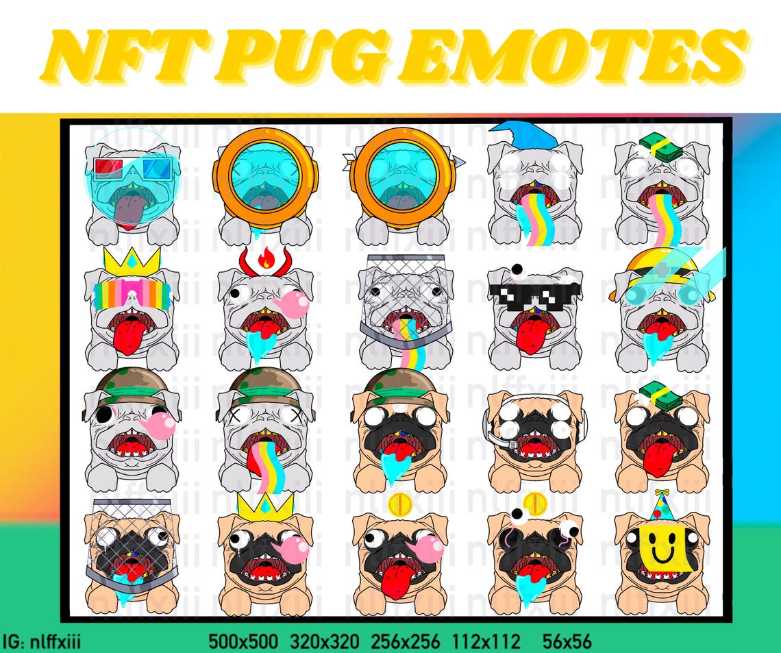 100 NFT Kawaii Style Ugly Pug Emotes 500x500, 320x320, 256x256, 112x112 ...